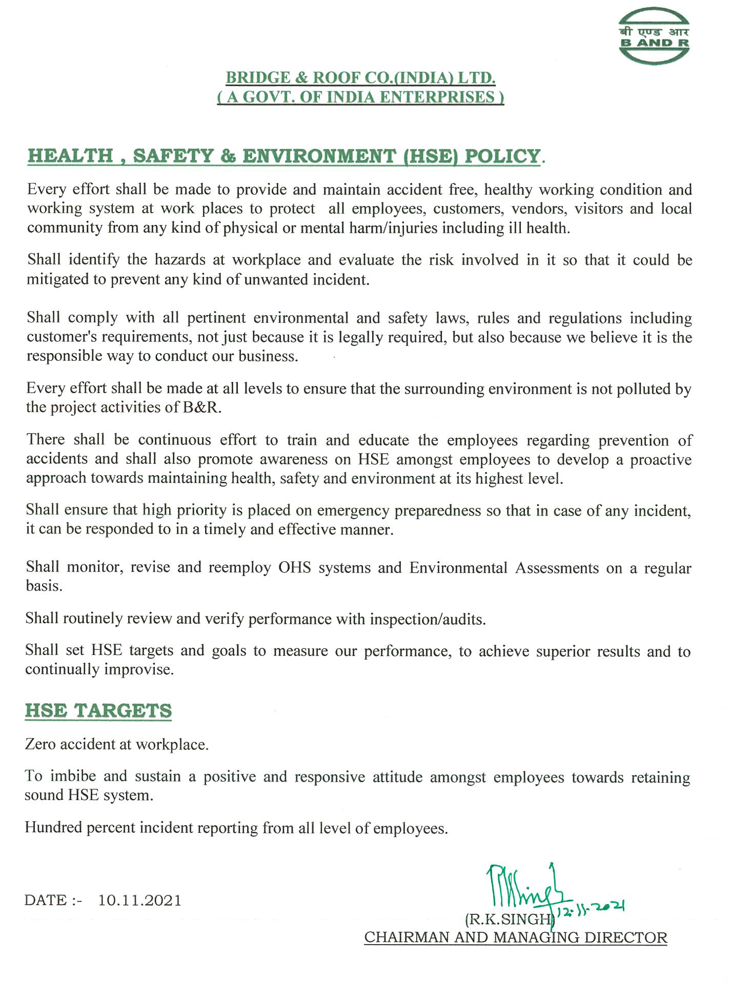 HSE Policy | Official Website of Bridge and Roof Company (India) Limited